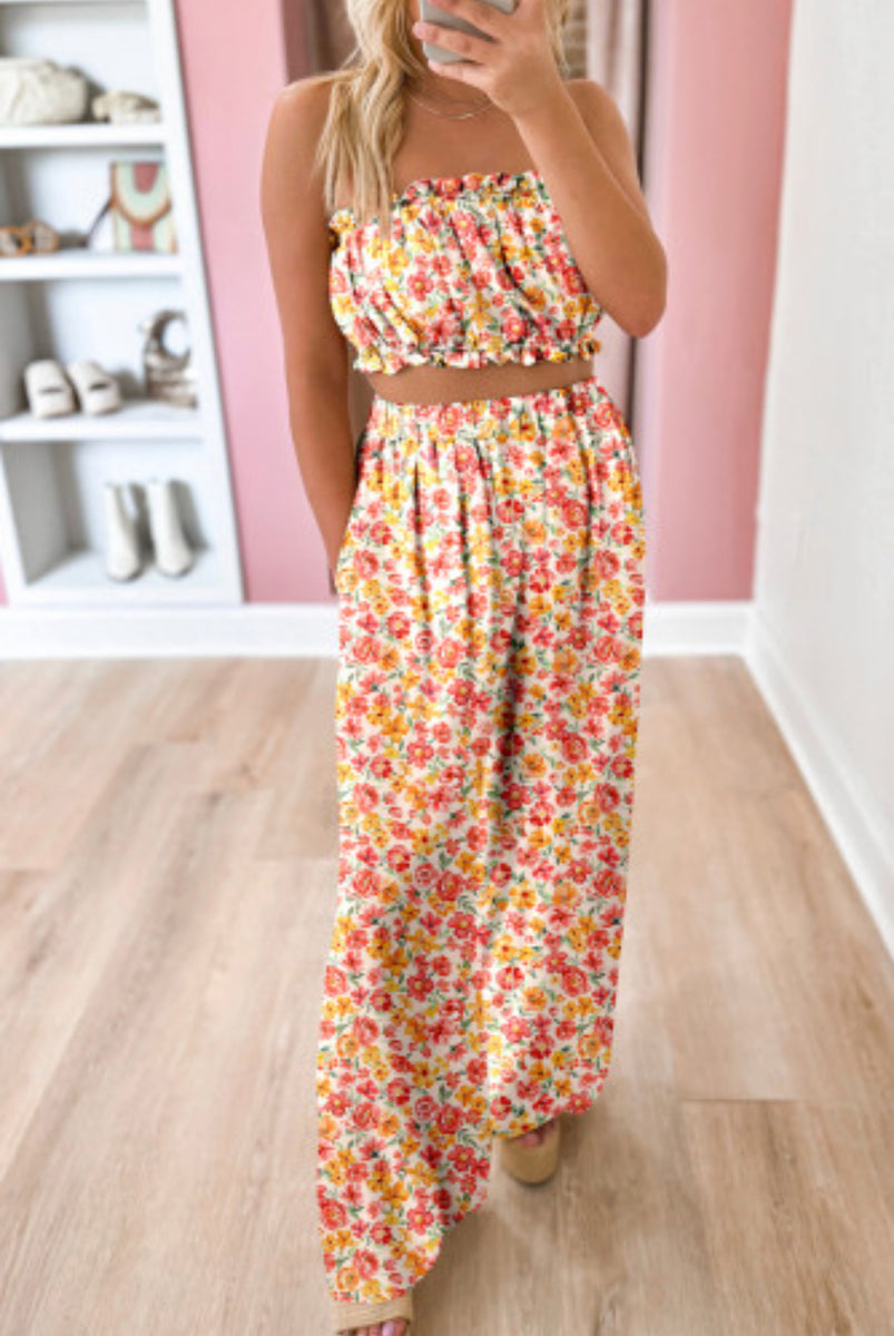 Pink Boho Floral Bandeau Top and High Waist Wide Leg Pants Set ...